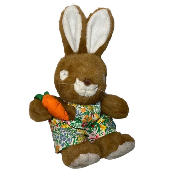 Toys | Vintage 1991 Commonwealth Brown Bunny Rabbit Plush Carrot Floral Overalls | Poshmark